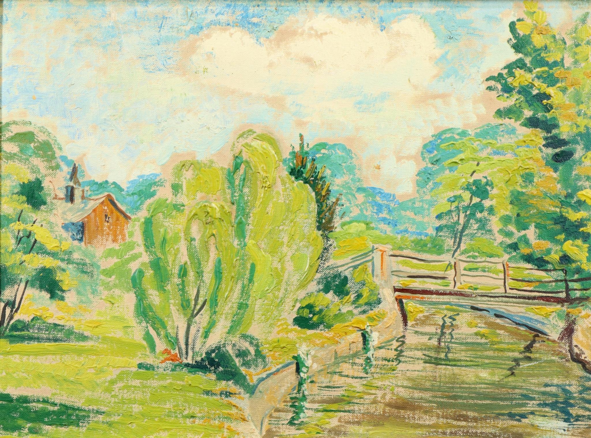 Mary Elizabeth Price | Summer landscape with a stream and barn in the ...
