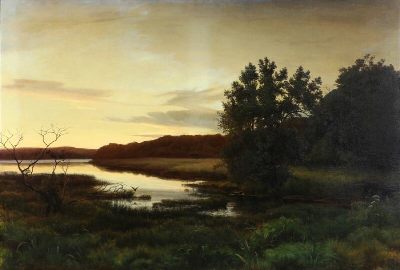 Edvard Petersen | A view from the banks of a lake in evening light ...