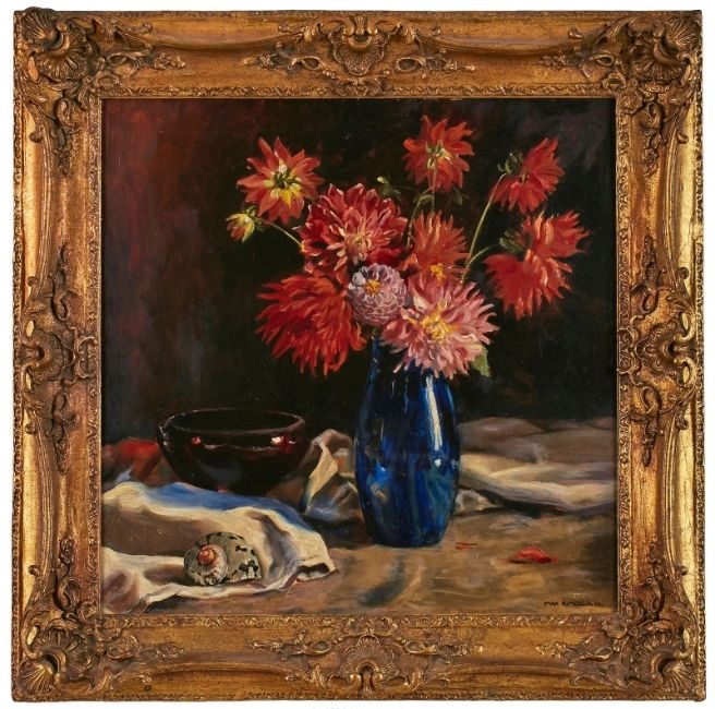 Max Rimbock | Tischstillleben mit Dahlienstrauß und Muschel (1924 ...