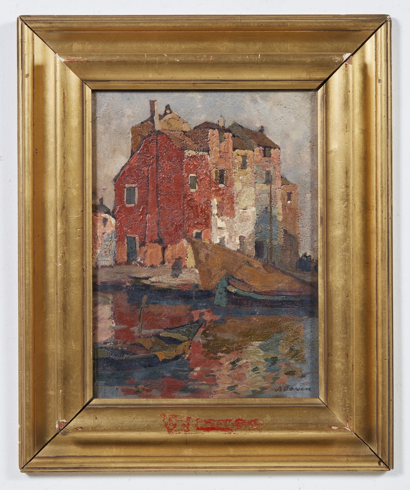 Angelo Pavan | Seascape with houses and boats. | MutualArt