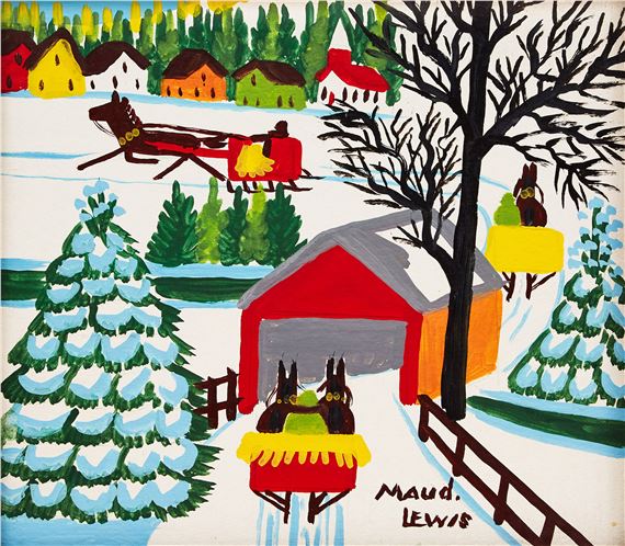 Maud Lewis | Winter Sleighing Scene with a Covered Bridge | MutualArt