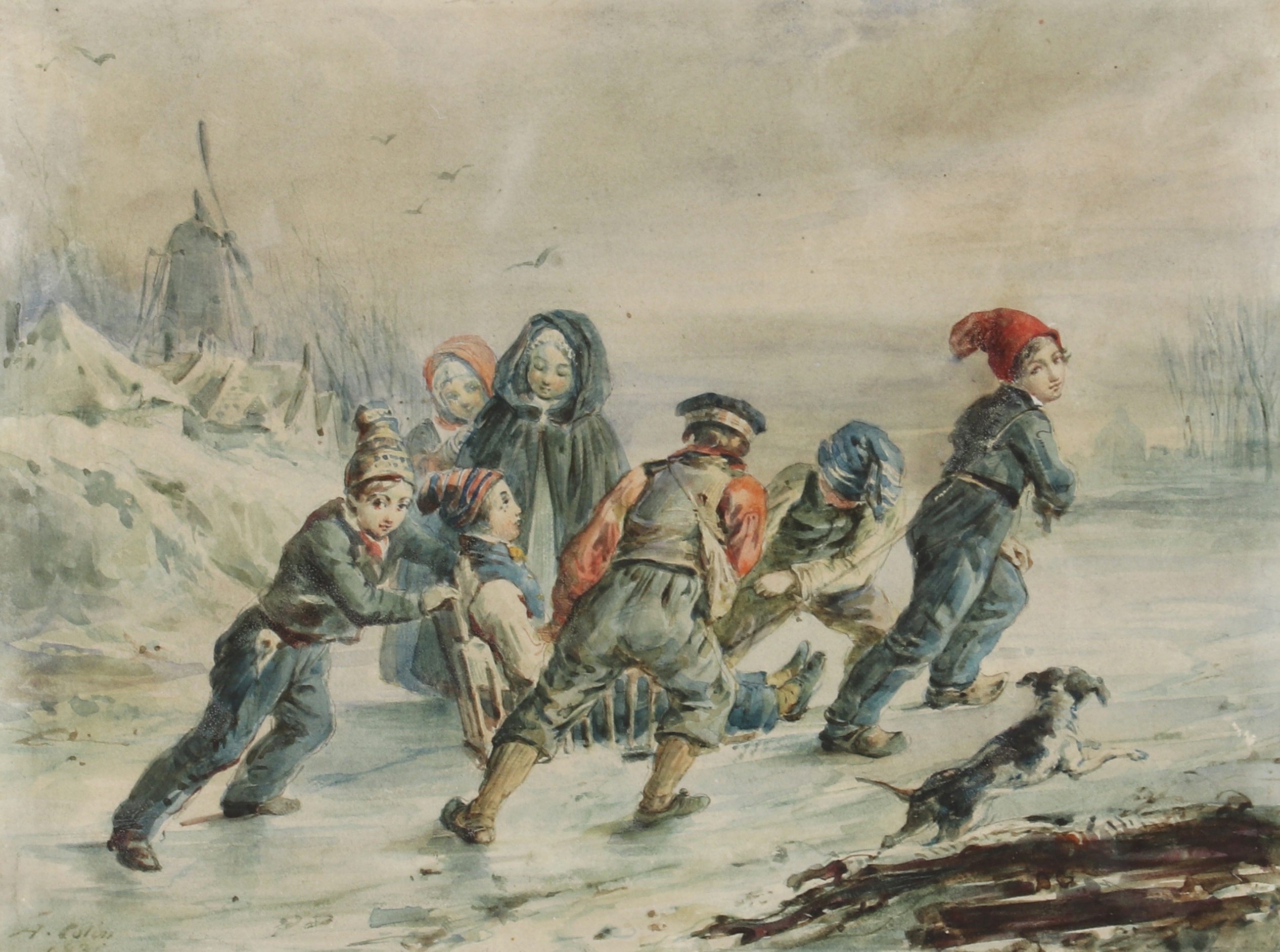 Alexandre-Marie Colin | Children with a sledge on a frozen lake (1835 ...