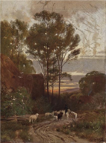 Traugott Schiess | Feldweg mit Schafherde (1868) | MutualArt