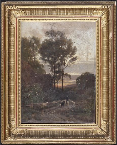 Traugott Schiess | Feldweg mit Schafherde (1868) | MutualArt