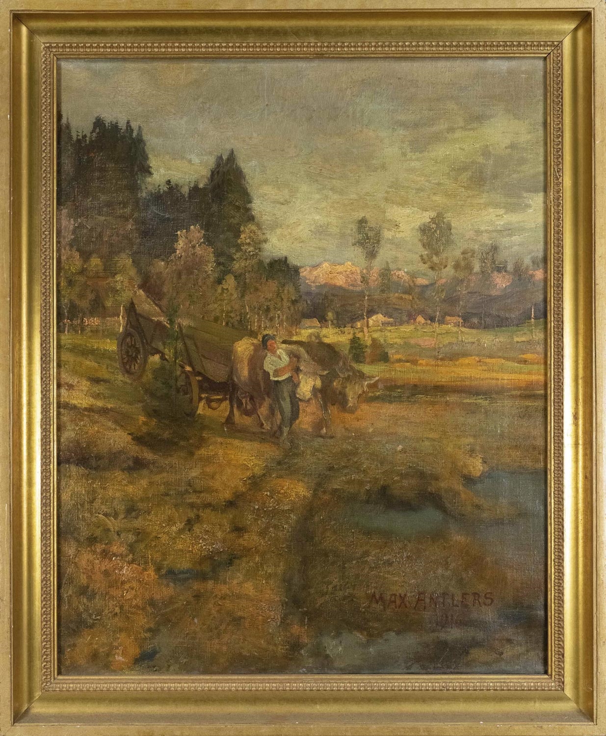 Max Antlers | Wide landscape with ox carts at the pond and settlement ...