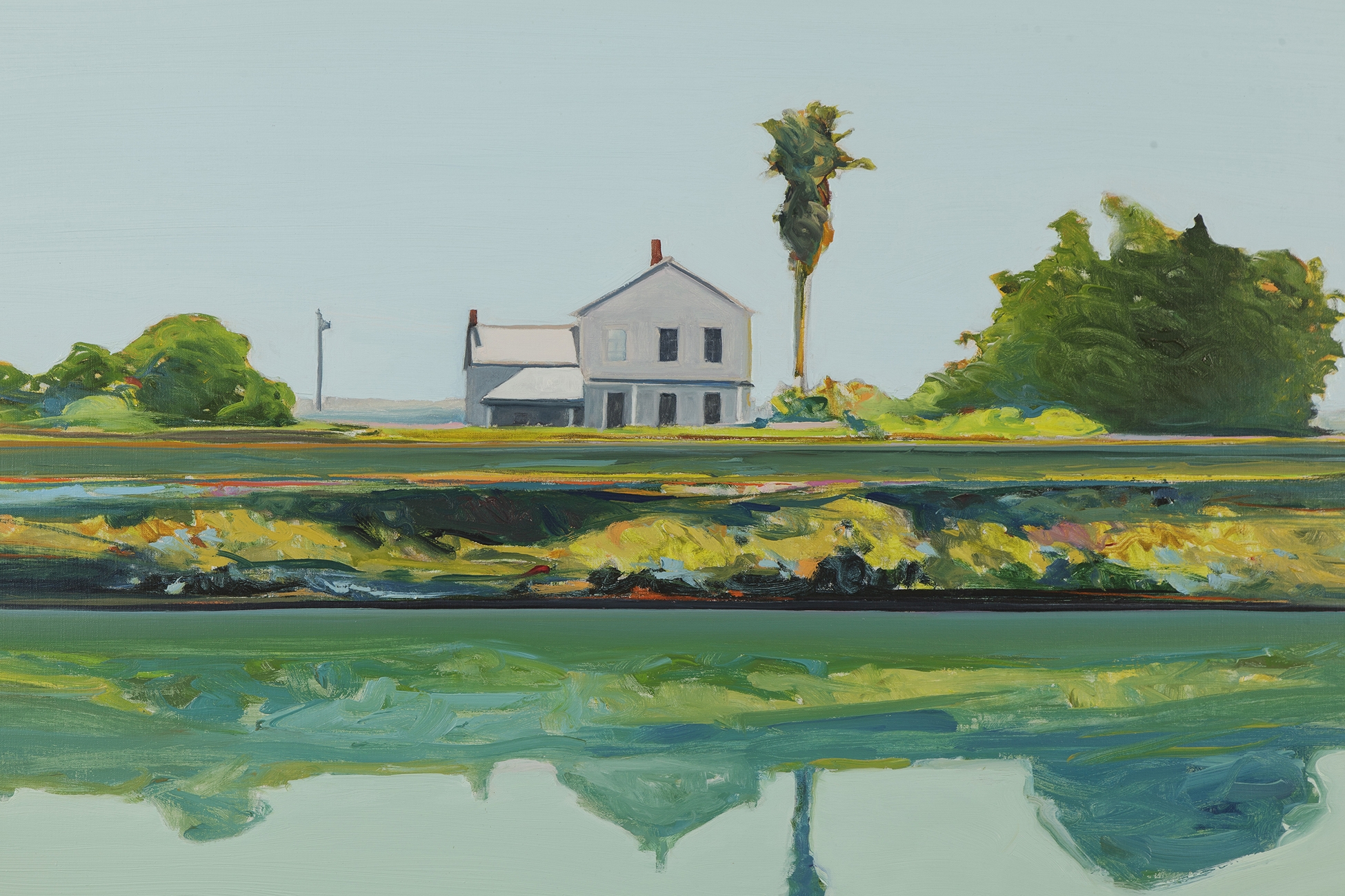 Gregory Kondos | Sacramento Delta riverscape under a brilliant blue sky | MutualArt