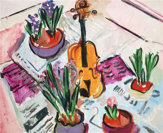 Elizabeth Cope | STILL LIFE WITH VIOLIN AND PLANTS | MutualArt