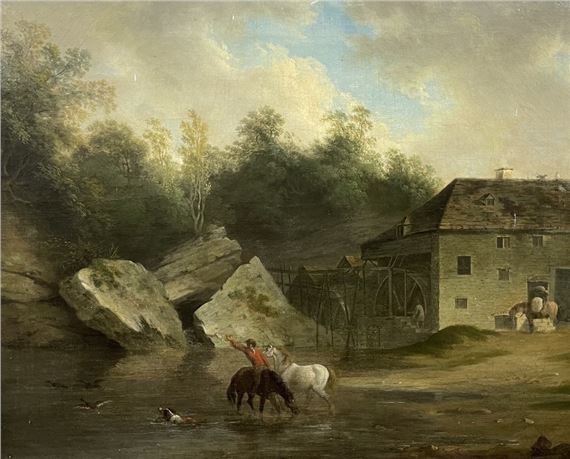 Richard Corbould | Dynamic scene of boy on horseback in a pond with ...