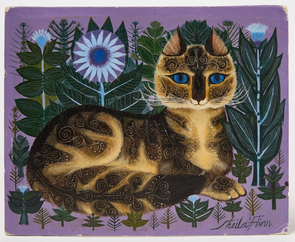 Sheila Flinn | Cat with Flowers Painting | MutualArt