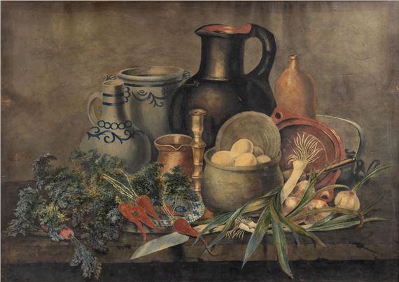 Alexander Salomon van Praag | Stilleven met keulse potten, eieren en prei | MutualArt