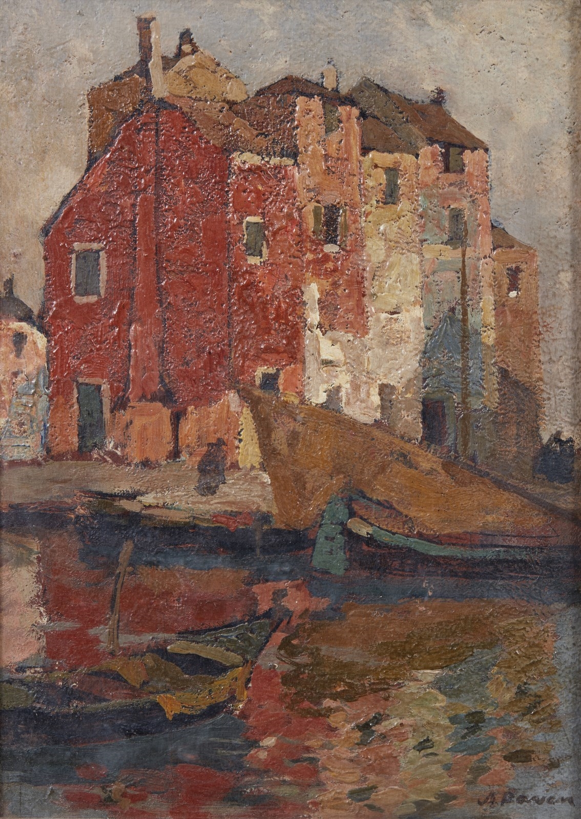 Angelo Pavan | Seascape with houses and boats. | MutualArt