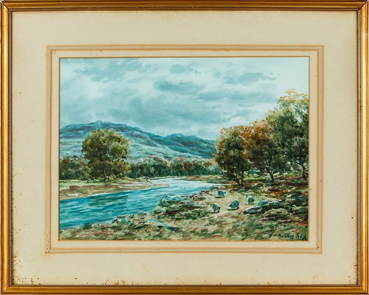 John Hamilton Glass | SHEEP GRAZING BY A RIVER | MutualArt