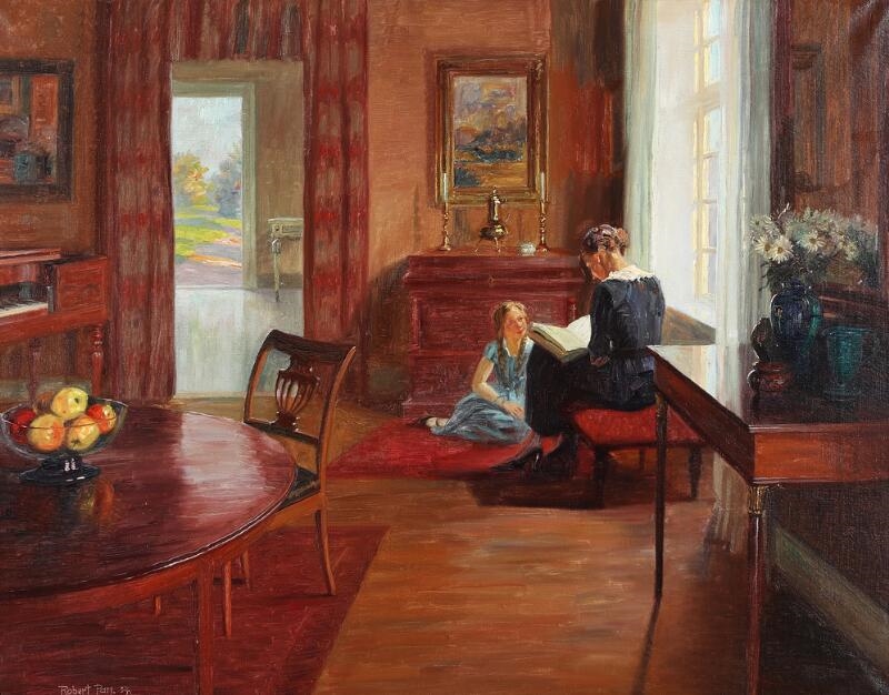 Robert Panitzsch | Living room interior with a woman and a child (1934 ...