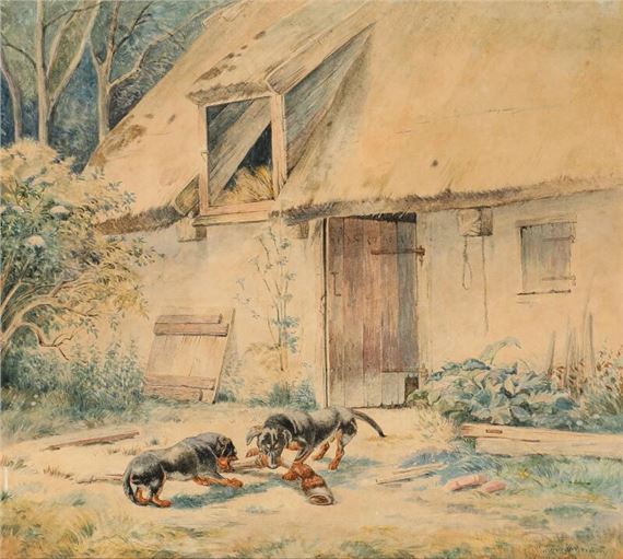 Simon Simonsen | Two dachshunds playing with a bone (1879) | MutualArt