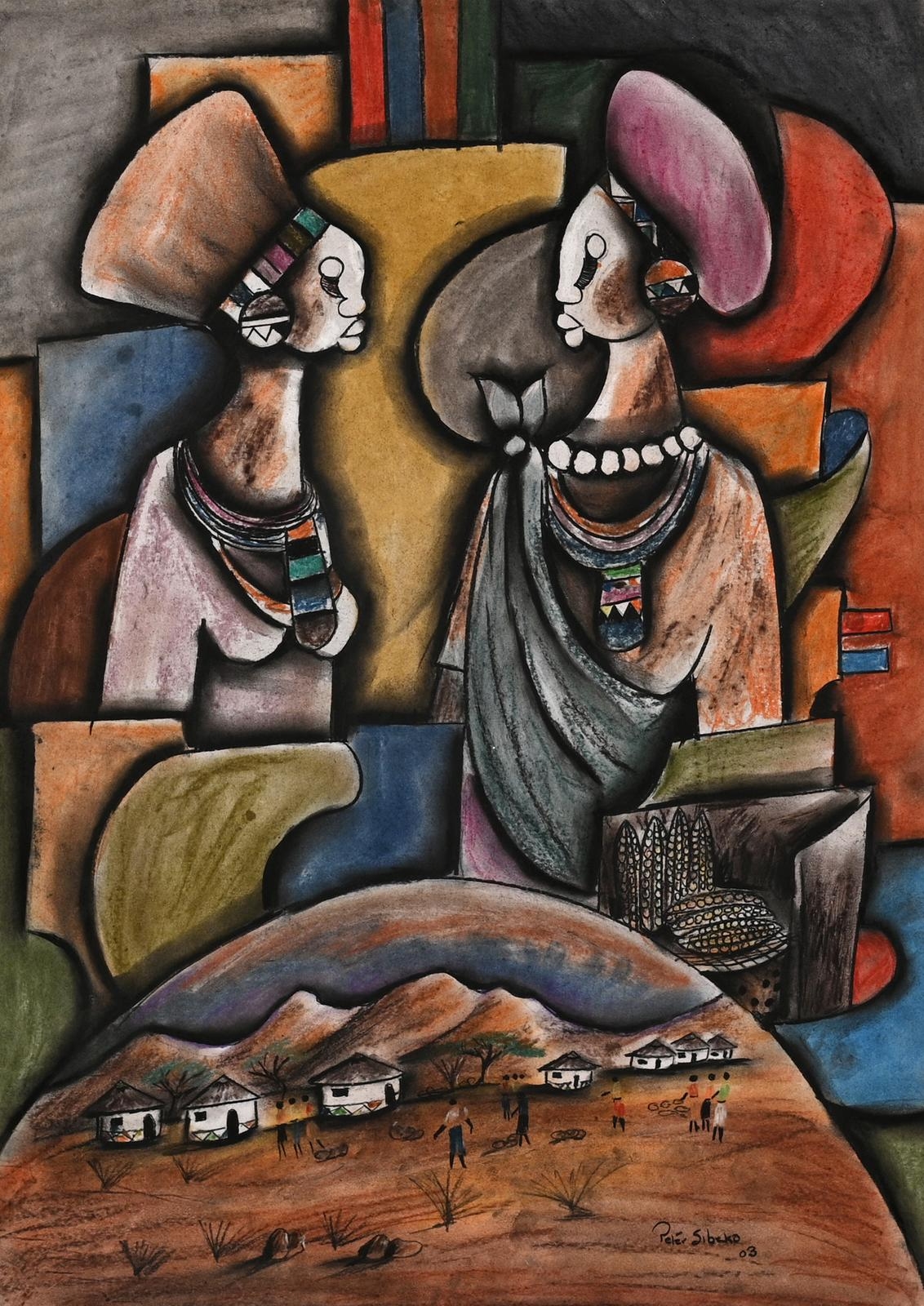 Peter Sibeko | Two Women and Village Scene, (2003) | MutualArt