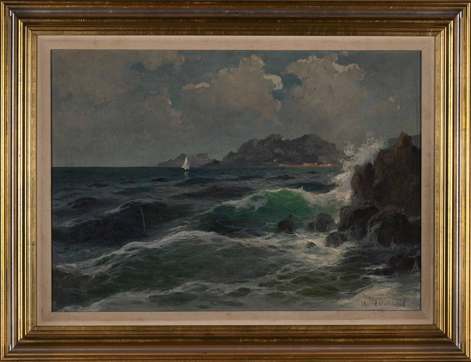 M. Rinaldi | Crashing Waves with Distant Yacht and Mountains | MutualArt