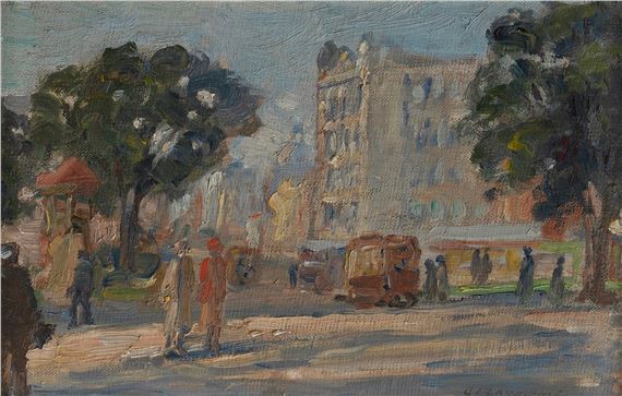 George Feather Lawrence | Town Scene with Tram | MutualArt