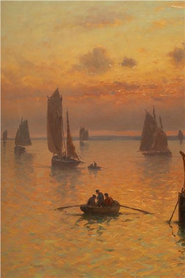 Louis Etienne Timmermans | Fishing boats at sunset, 1907 (1907) | MutualArt