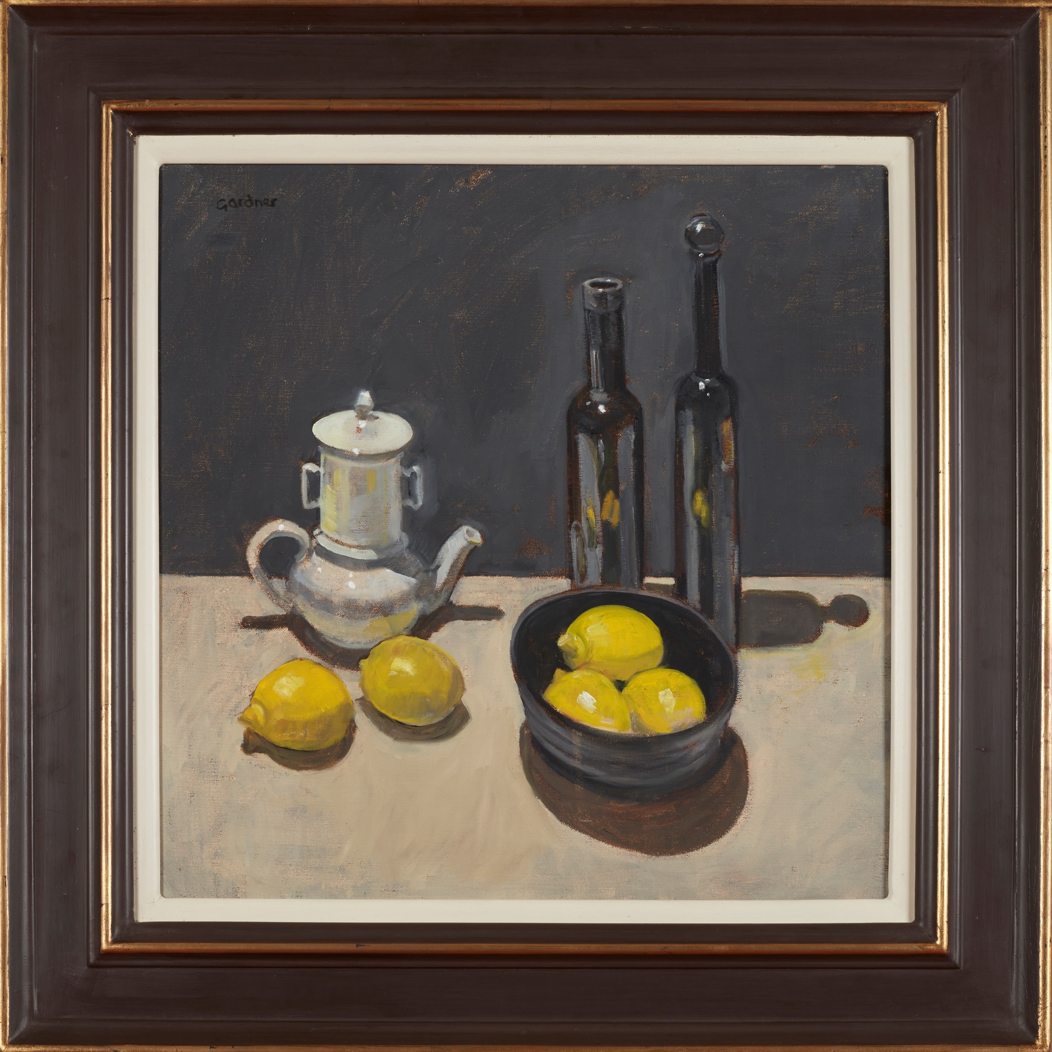 Alexandra Gardner | STILL LIFE WITH BLACK BOTTLES AND LEMONS | MutualArt