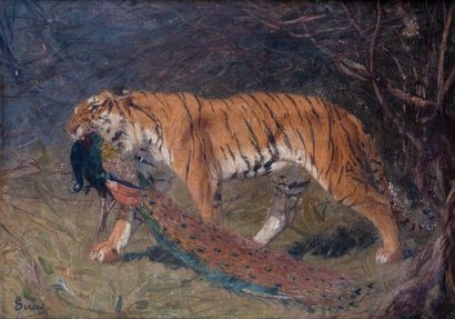 Gustave Surand | Tiger with a peacock | MutualArt