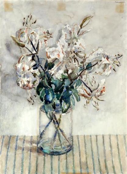 Rudolf de Bruyn Ouboter | Bloemstilleven met glazen vaas en witte lelies | MutualArt