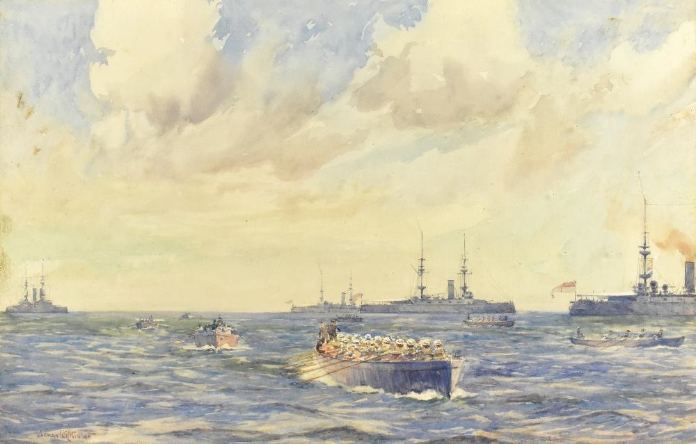 Norman Wilkinson | military paddle boats beside British war ships ...