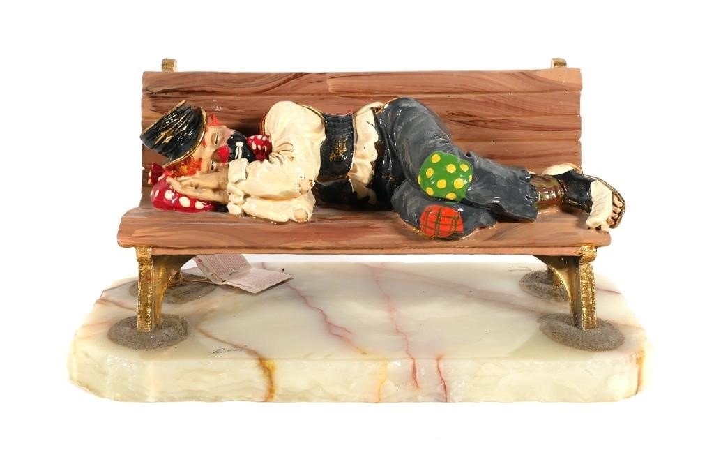 Ron Lee | Clown sleeping on park bench sculpture | MutualArt