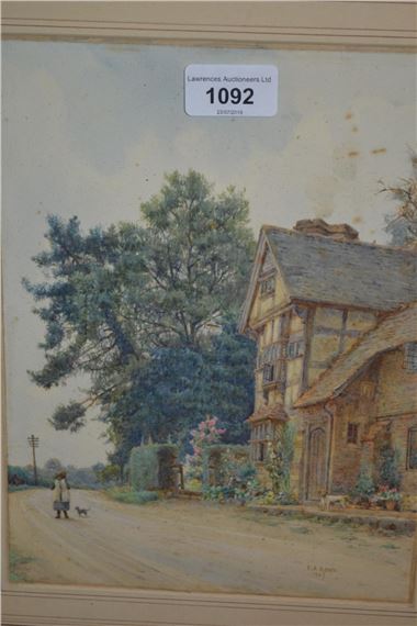 Ernest Arthur Rowe | Figure, cat and a dog before a timber framed ...