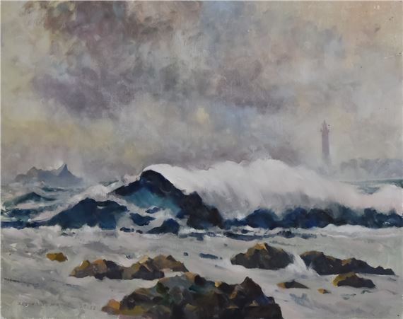 Reginald Mayes | Three oil paintings - Storm at sea with lighthouse ...