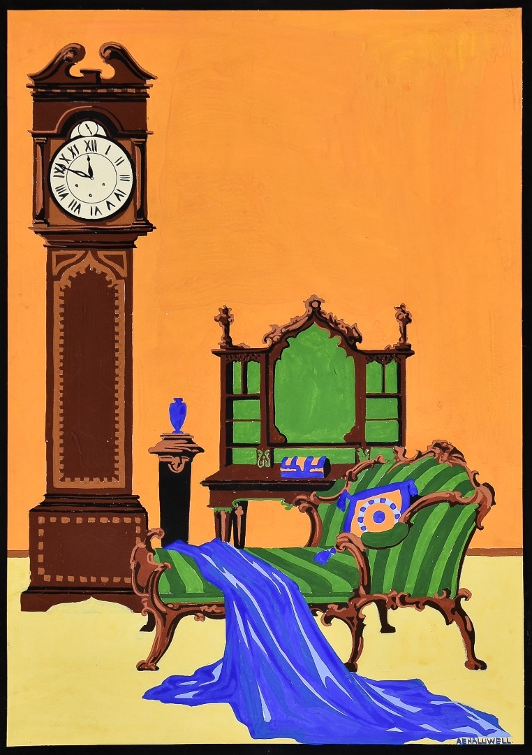 Albert Edward Halliwell | Interior with long case clock and green ...