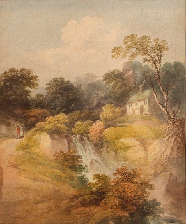 Francis Nicholson | Figures passing a waterfall in a landscape with ...