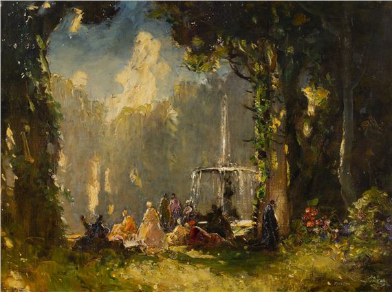 Thomas Edwin Mostyn | An ethereal sunlit woodland with figures at a ...