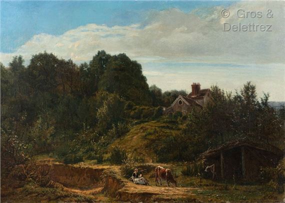 Edouard Cibot | Animated landscape with shepherdess and cows | MutualArt