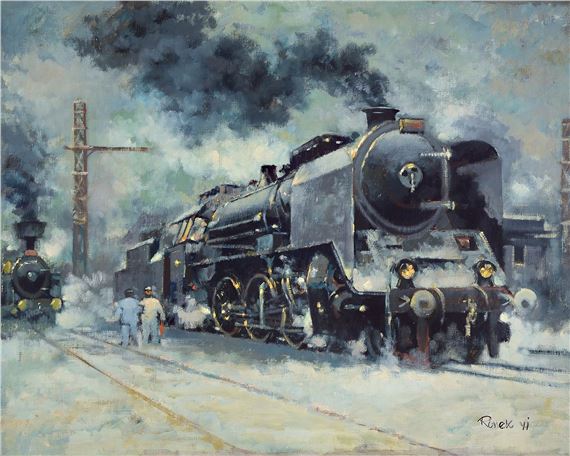 Jaroslav Ronek | Steam locomotive exiting the snowy station | MutualArt