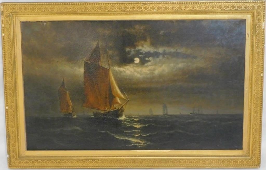 Wesley E. Webber | Nocturnal scene with sailing ships in a harbor under ...