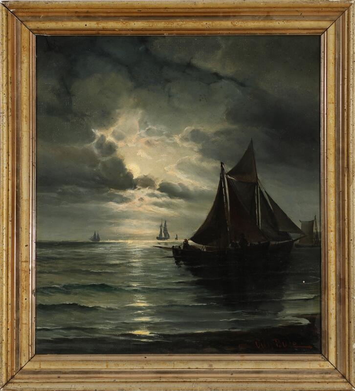Vilhelm Bille | Sailing ships at sea in moonlight | MutualArt