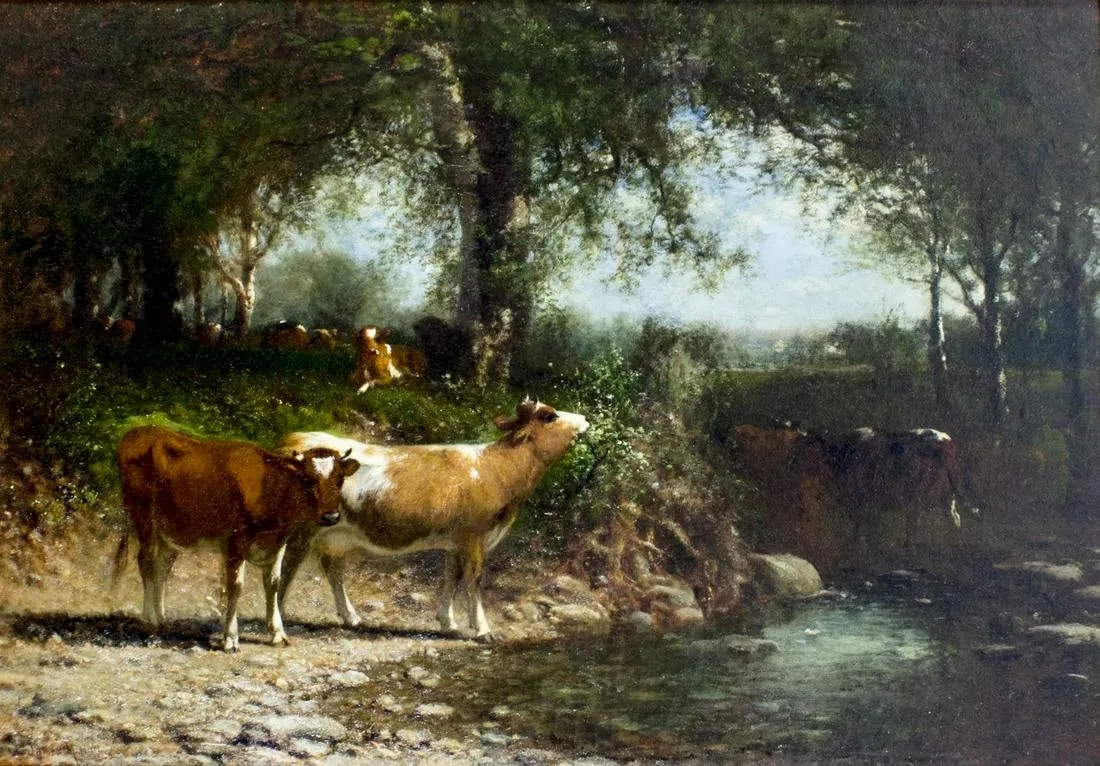 James McDougal Hart | Cows Drinking by Stream (1890) | MutualArt