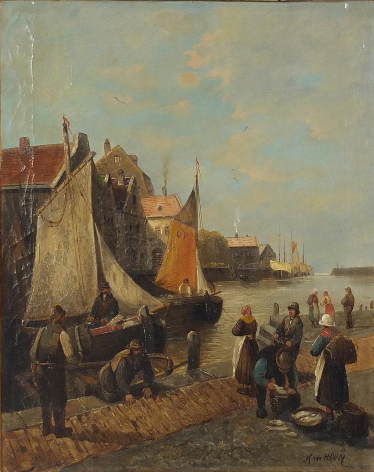 K. Van Hoom | Dutch harbour with fishing boats and fishermen (19th ...