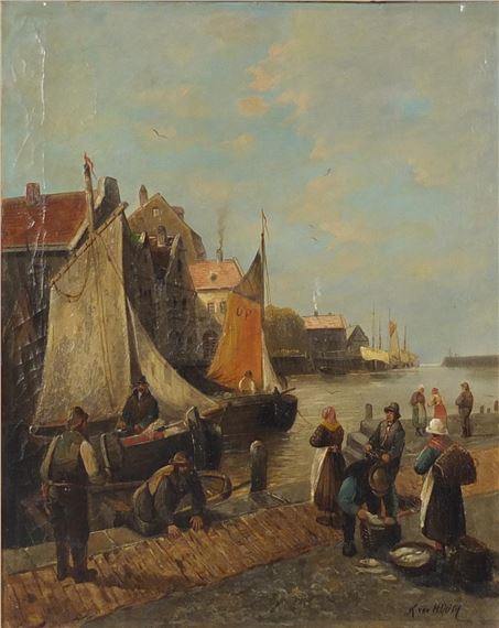 K. Van Hoom | Dutch harbour with fishing boats and fishermen (19th ...