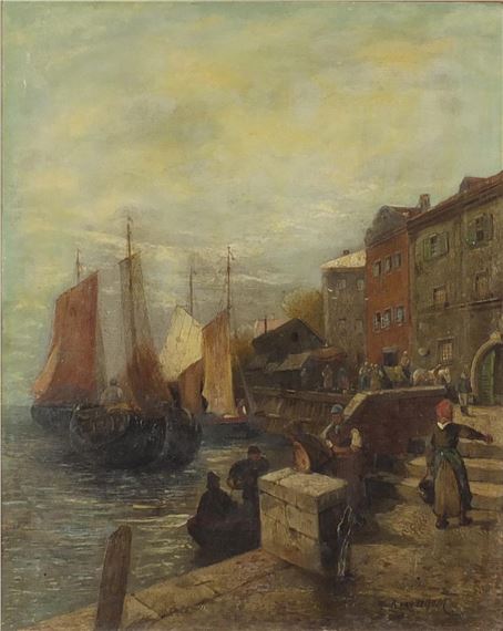K. Van Hoom | Dutch harbour with fishing boats and figures (19th ...