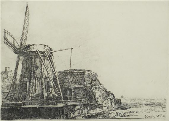Rembrandt van Rijn | Windmill and outbuildings | MutualArt