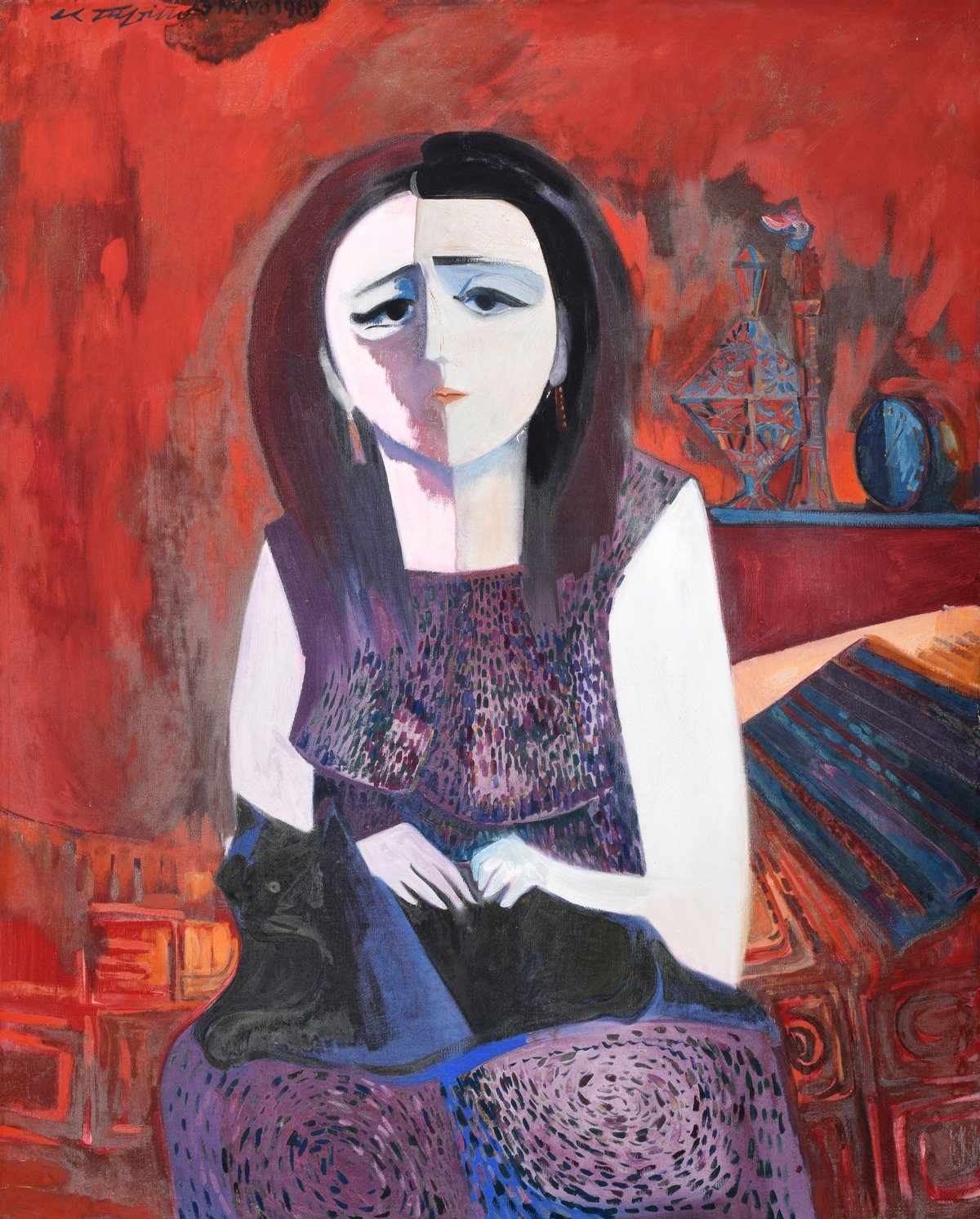 Rafael Tufiño | Rosemarie with her cat Tefo (1969) | MutualArt