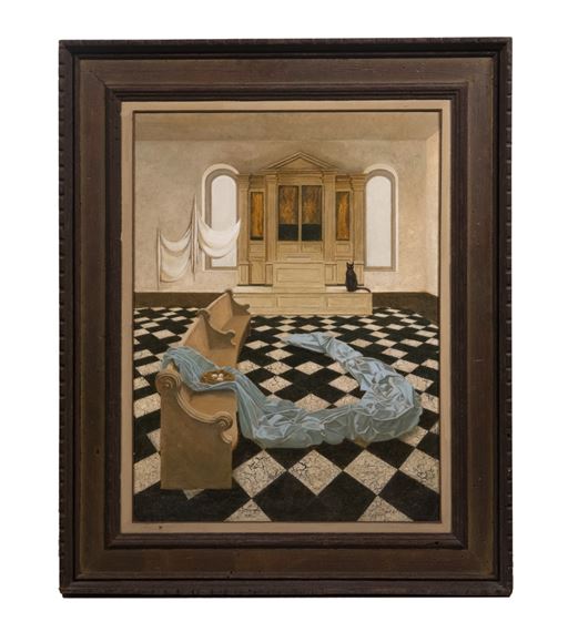 Ted Jaslow | Surrealist Interior with black cat at podium | MutualArt