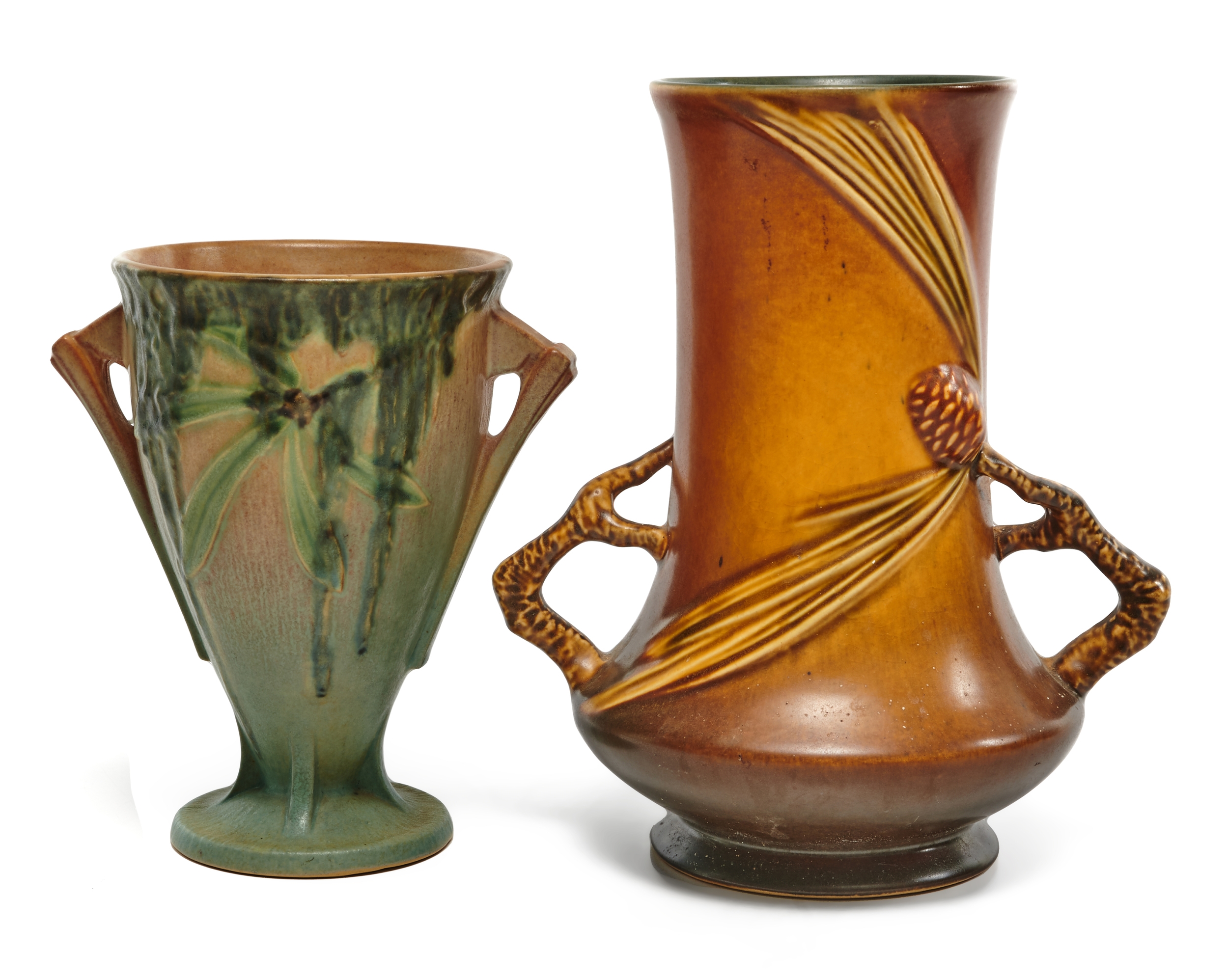 Roseville Pottery | Pine Cone and Moss vases | MutualArt