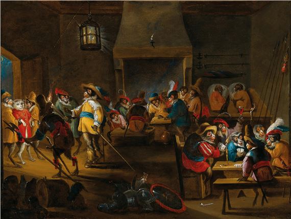 Abraham Teniers | Monkeys in a guardroom interior | MutualArt