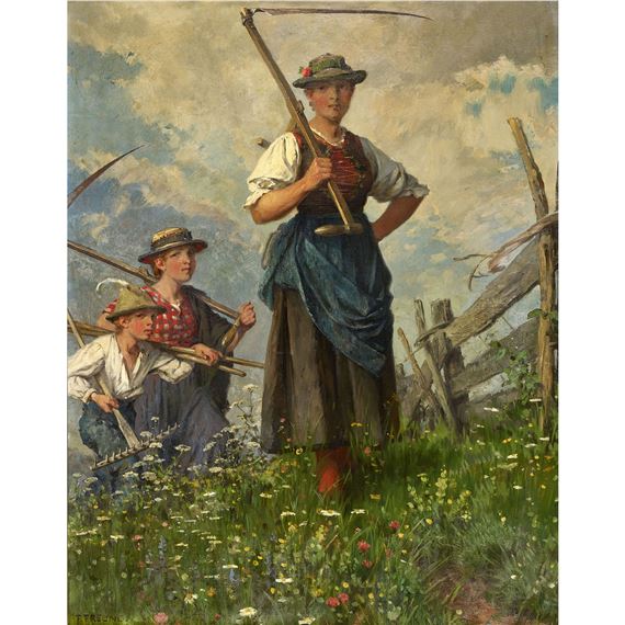 Fritz Freund | Geschwister mit Sensen auf blühender Wiese. | MutualArt