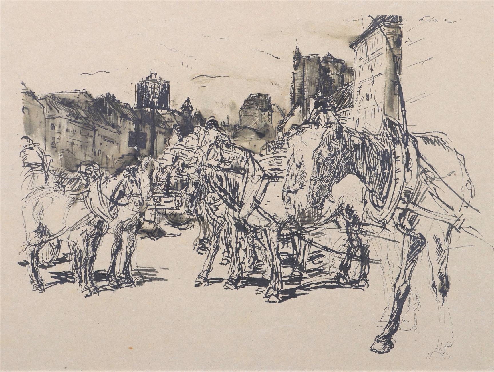 Franz Hofer | Streetview with draught-horses | MutualArt