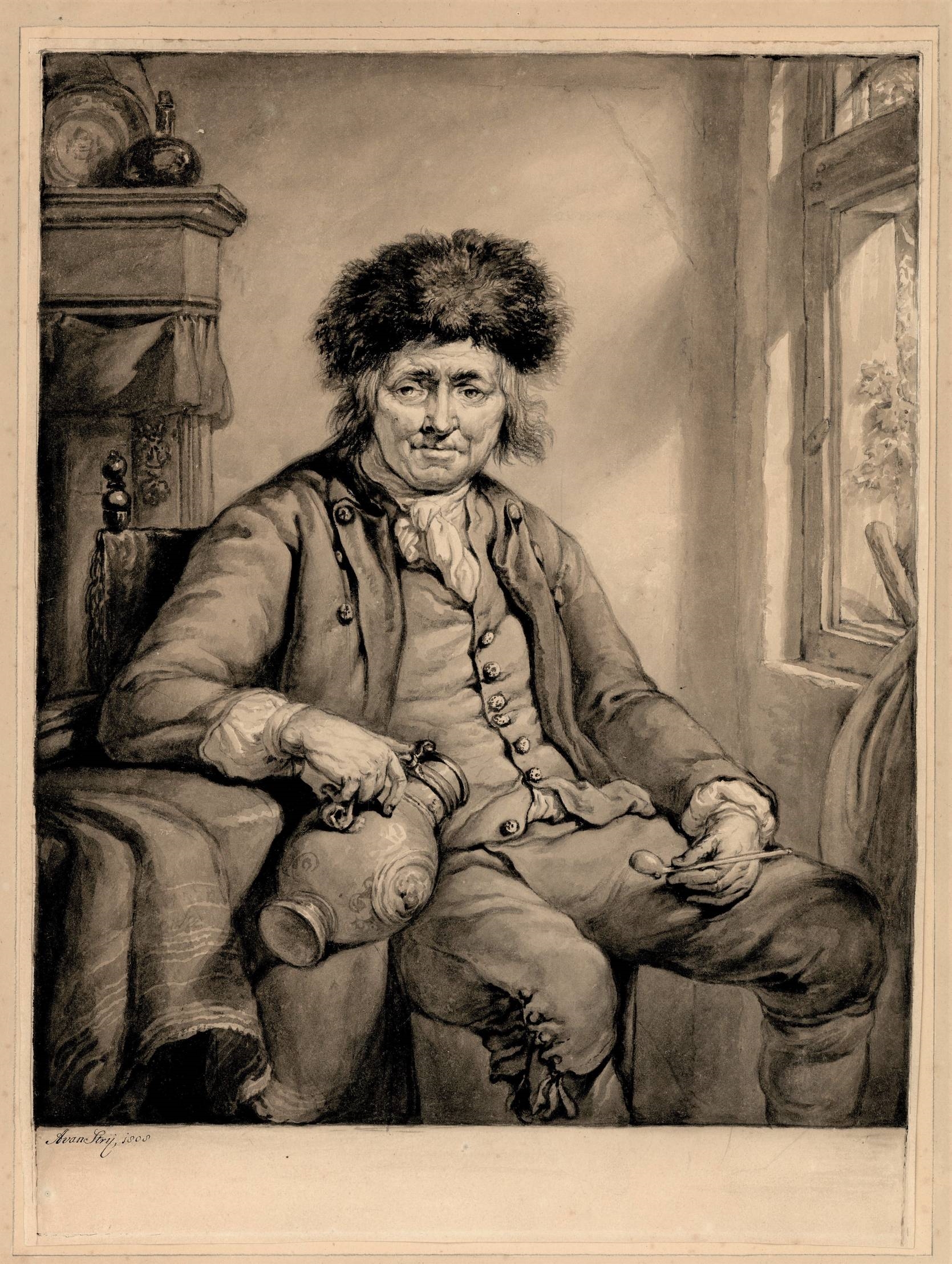 Abraham Van Strij | Seated man holding a jug and a pipe | MutualArt