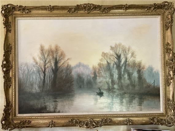 David F. Dane | Boat on river in misty landscape | MutualArt