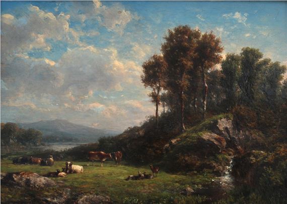 Willem Jan van den Berghe | Landschap met vee bij een waterval met in ...